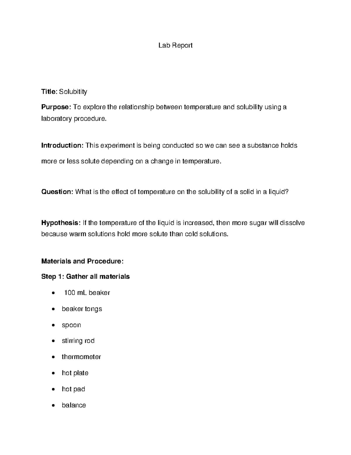 Solubility Lab Report: Effects of Temperature on Sugar Dissolution ...