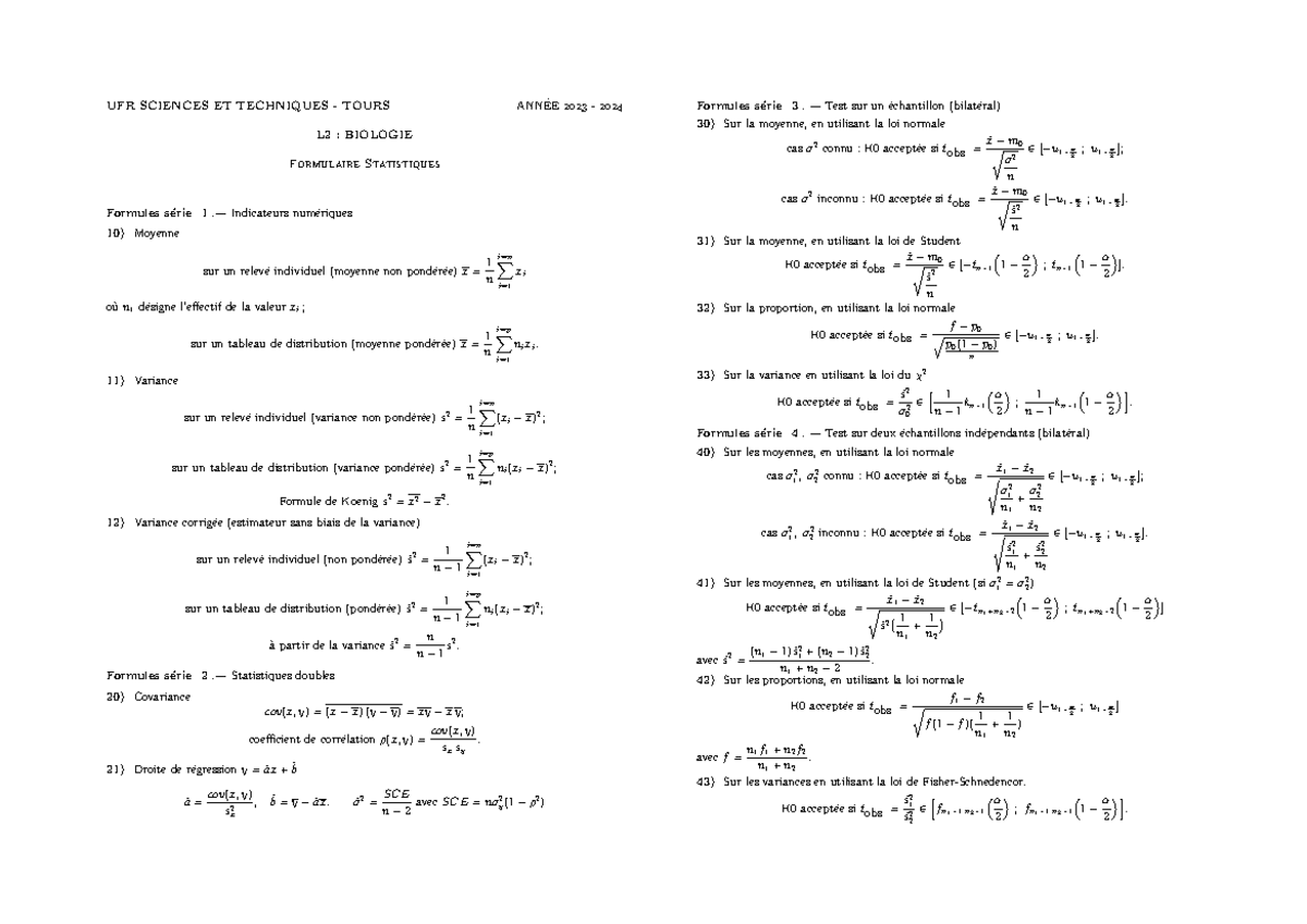Td Bio Formulaire 2p - Tabulated Data Analysis - Studocu