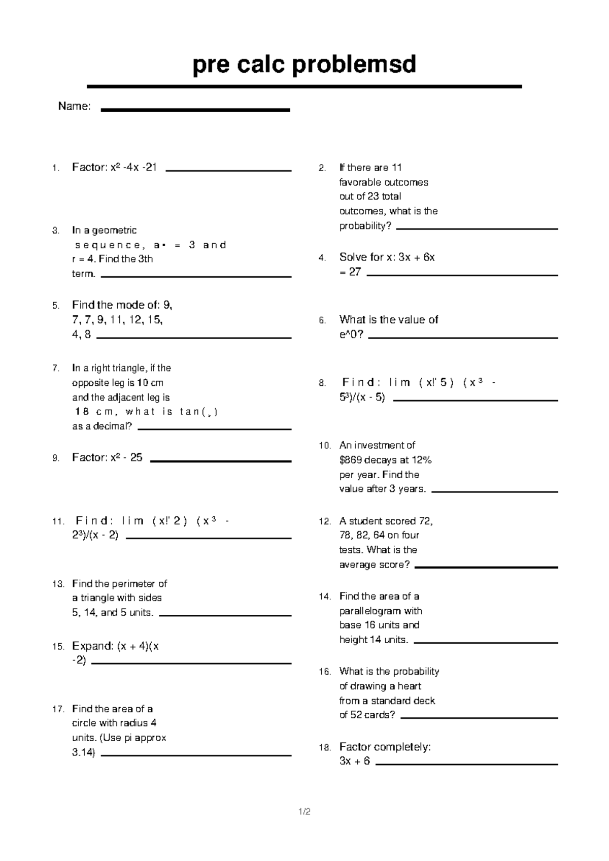 Pre Calc Quiz Problems and Solutions - Studocu