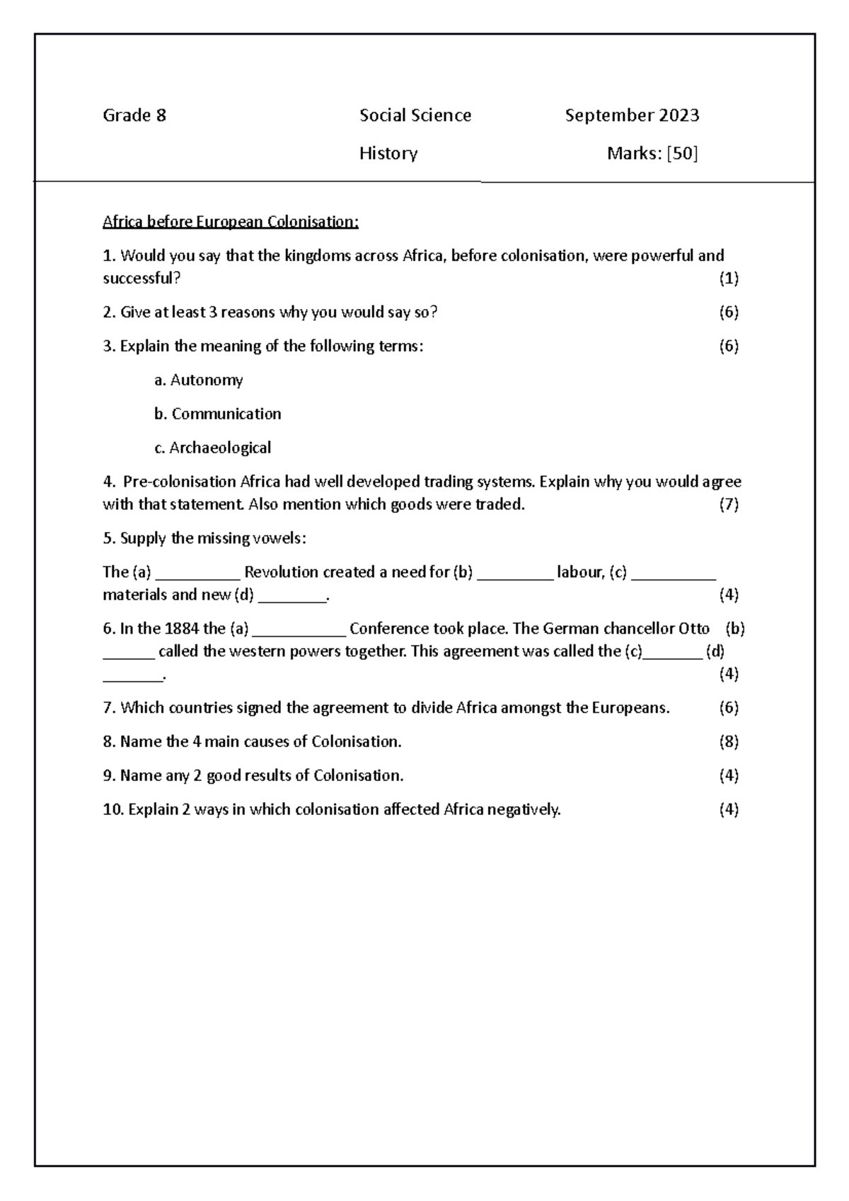 Grade 8 Social Science - History Notes on Pre-Colonisation Africa - Studocu
