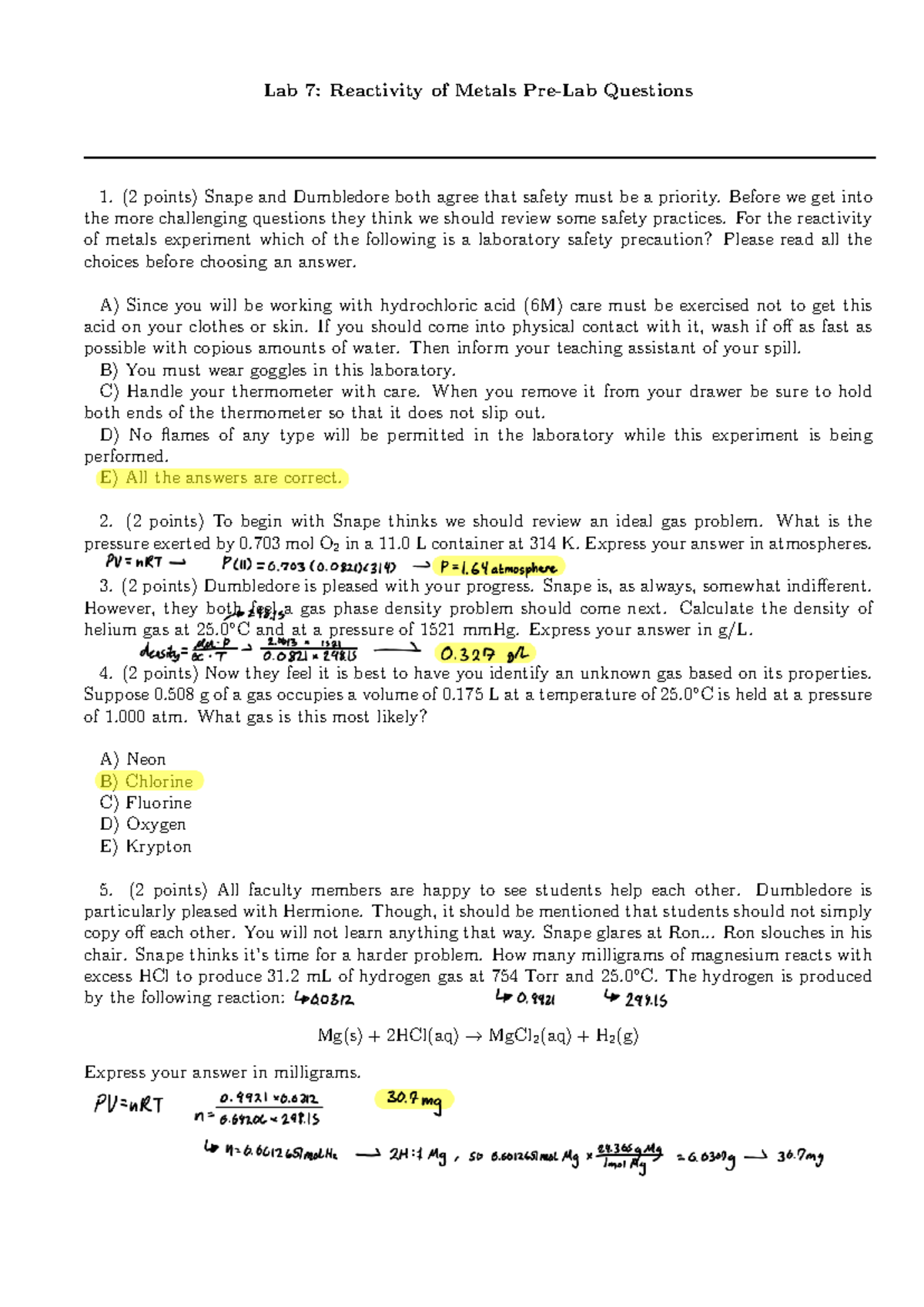 Lab 7: Pre-Lab Assignment on Metal Reactivity and Gas Laws - Studocu