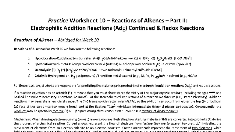 Practice Worksheet 10 - Alkenes & Electrophilic Addition Reactions (CHE ...