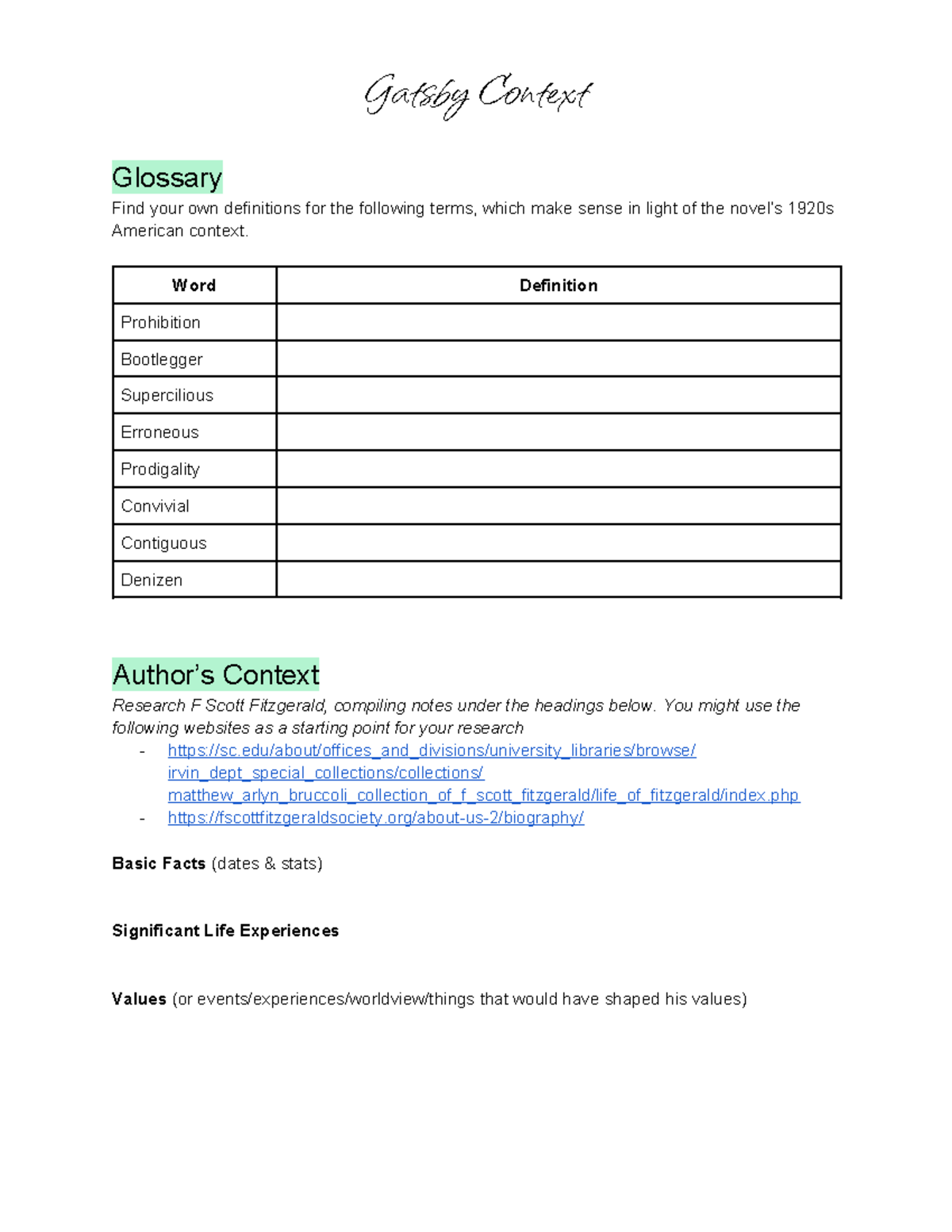 Lesson 1 Gatsby Context Activities - Gatsby Context Glossary Find your ...