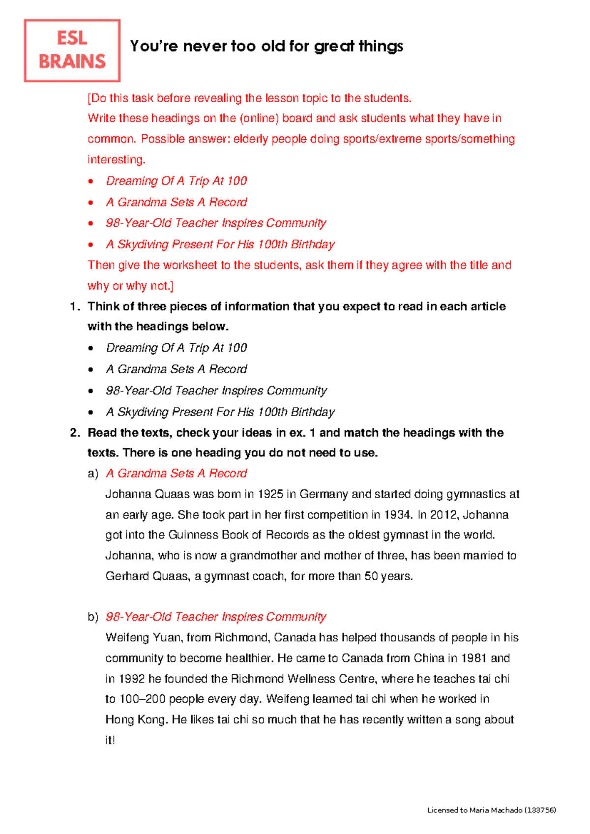 ESL TV 6692: You're Never Too Old for Great Things - Lesson Plan - Studocu