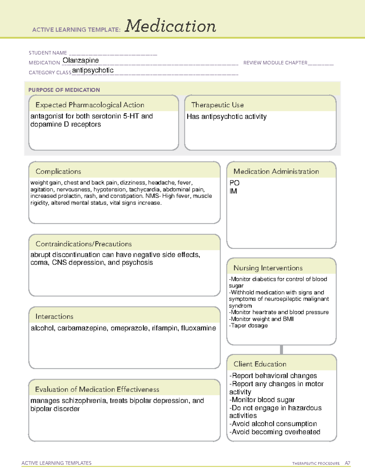 ATI Medication Review: Olanzapine - Active Learning Template - Studocu