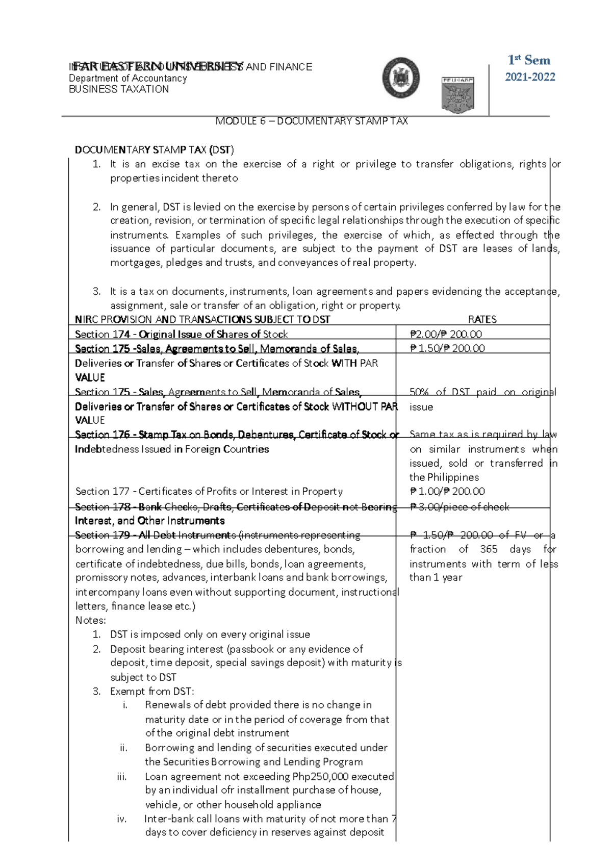 DST Module 6 Summary - Documentary Stamp Tax Insights (2021) - Studocu