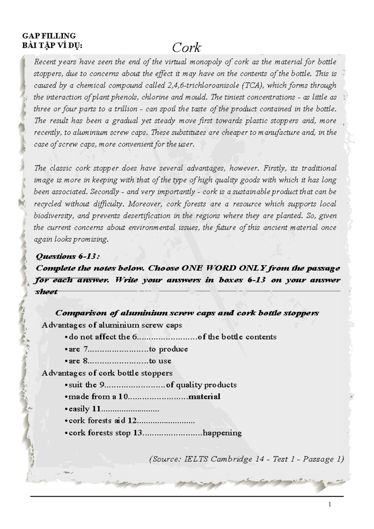 GAP FILLING EXERCISES: IELTS Reading Dạng 2 - Studocu