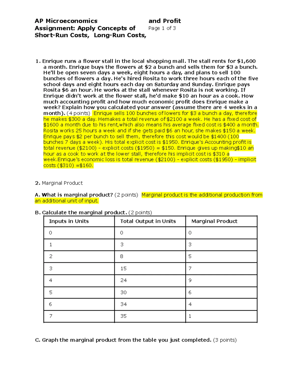 AP Microeconomics Test Answer Key: Firm Production, Costs & Revenue ...