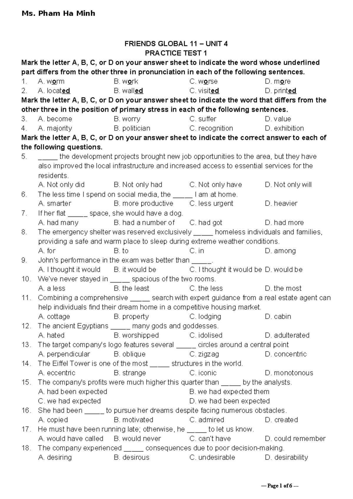 Tieng Anh 11 Friends Global - Unit 4 - Practice Test 1 Analysis - Studocu