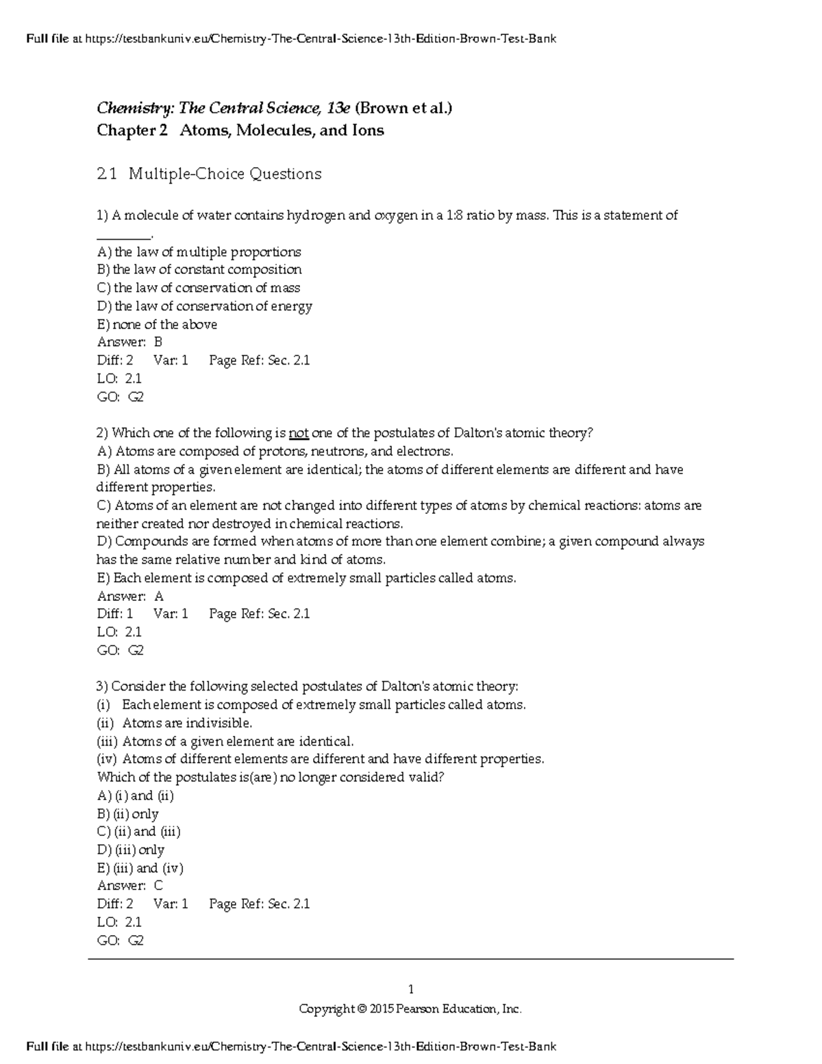 Chapter 2 Atoms Molecules and Ions 2 1 M - 1 Copyright © 2015 Pearson ...
