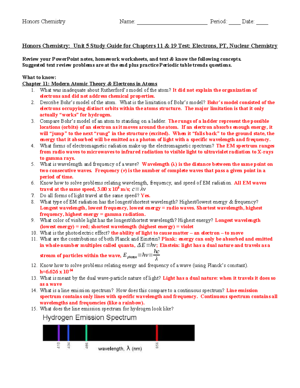 Unit 5 Key Study guide Electrons, PT, nuclear Chem 2024 - Honors ...