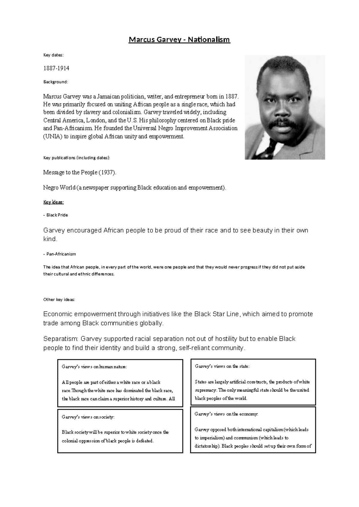Marcus Garvey Nationalism: Key Dates & Ideas Worksheet - Studocu