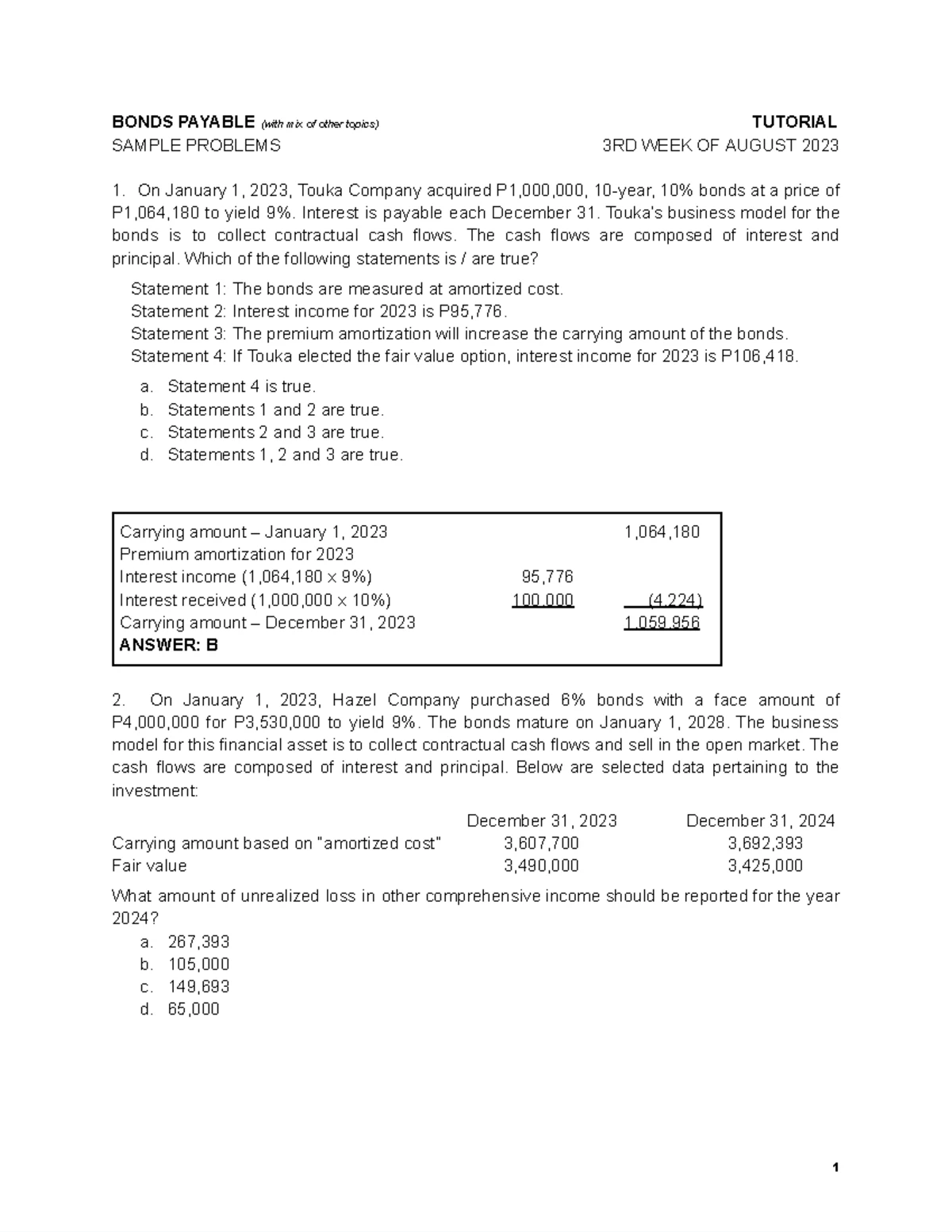 Bonds Payable Sample Problems - BONDS PAYABLE (with mix of other topics ...