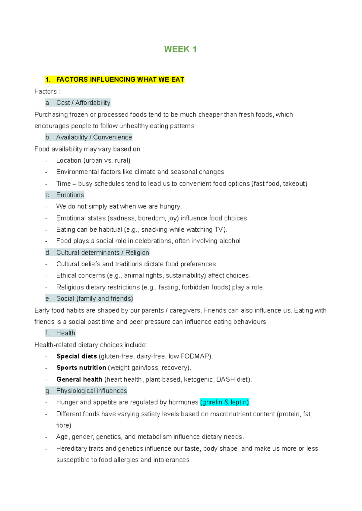 EDGU1003 Week 1-3 Lecture Notes: Factors Influencing Nutrition Choices ...