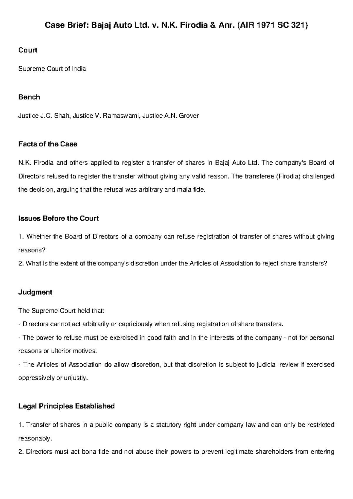 Case Brief: Bajaj Auto Ltd. v. N.K. Firodia (AIR 1971 SC 321) - Studocu