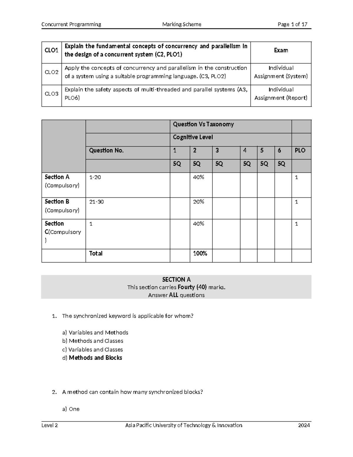 Concurrent Programming Marking Scheme - Final Year Prep (Level 2) - Studocu