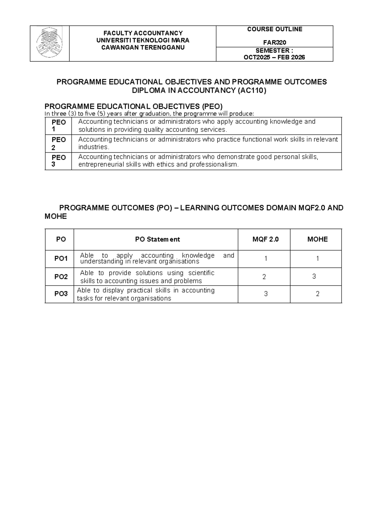 FAR320 Course Outline: Financial Accounting (Oct 2025 - Feb 2026) - Studocu