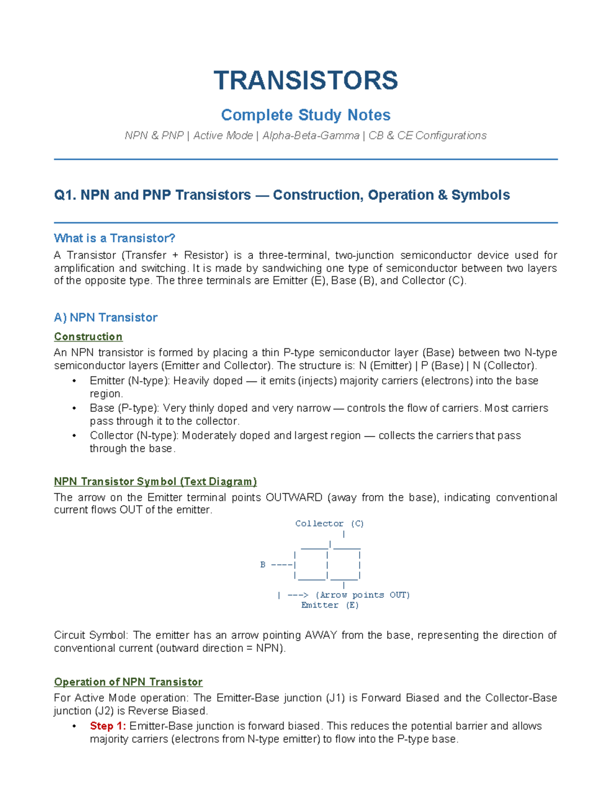 Transistor Complete Study Notes: NPN, PNP, Active Mode, CB, CE ...