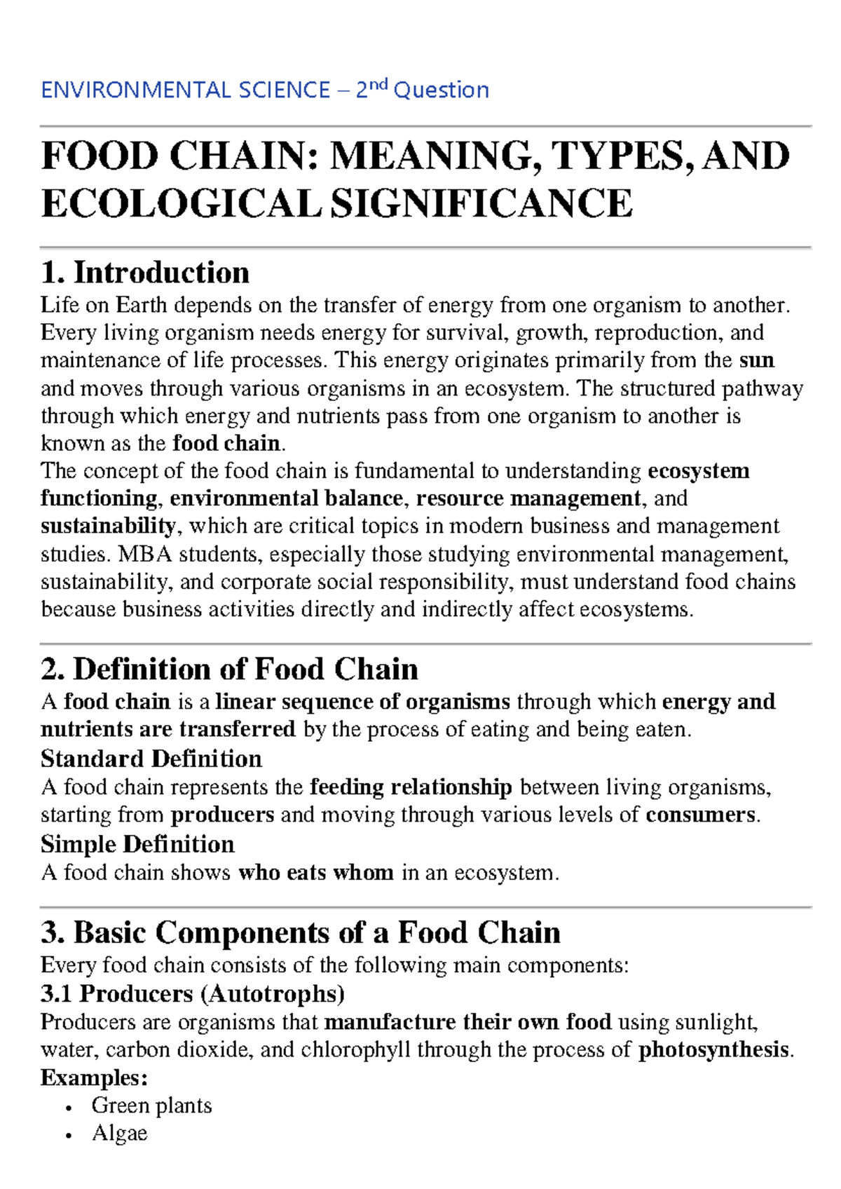 ENVIRONMENTAL SCIENCE 2nd Question: FOOD CHAIN MEANING & ECOLOGICAL ...