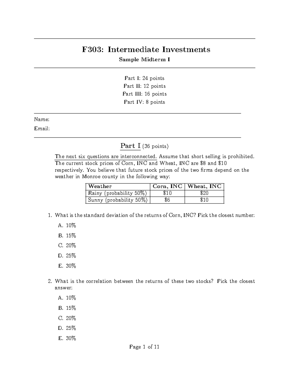F303 Sample Midterm I: Intermediate Investments Exam Review - Studocu