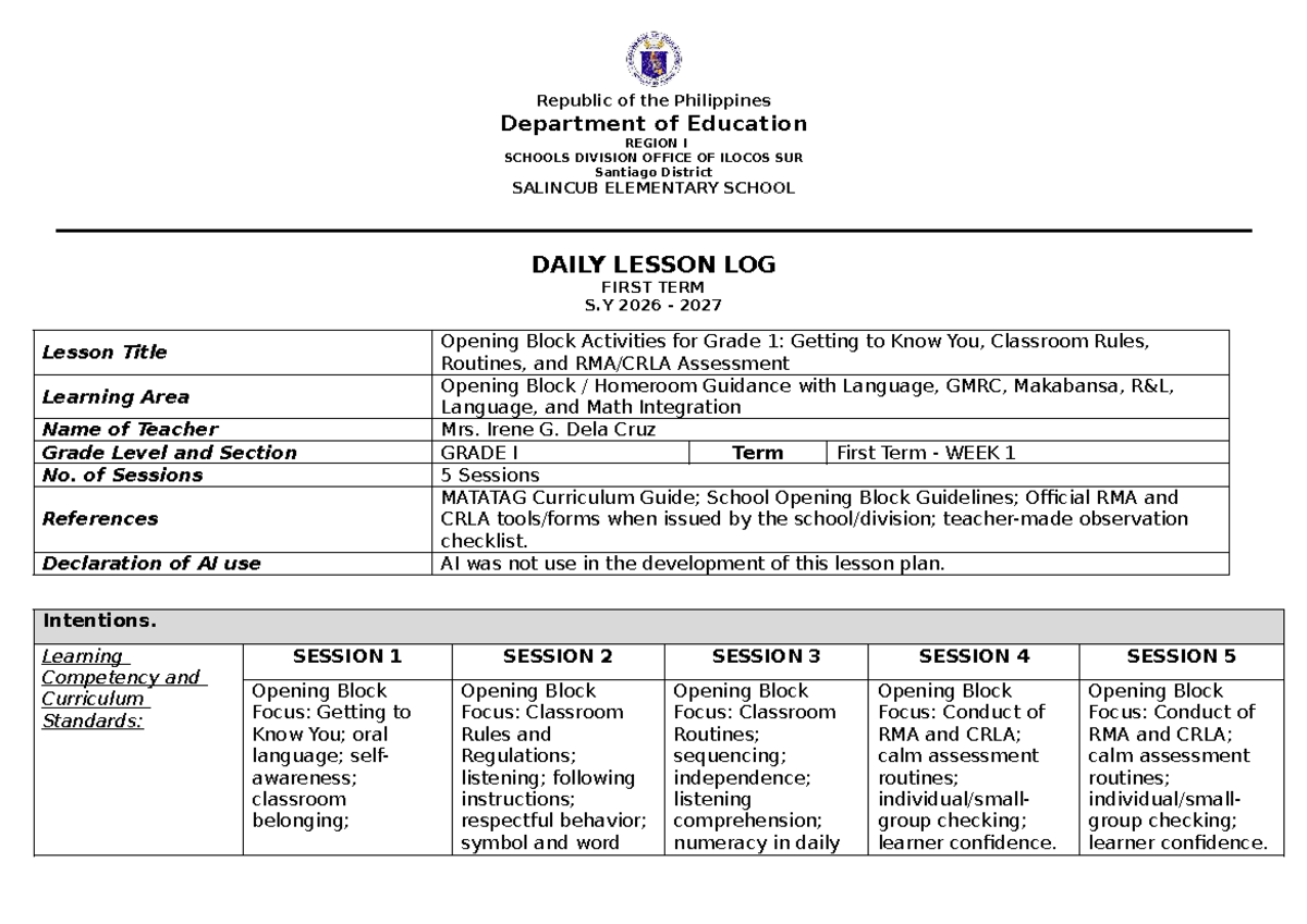 Grade 1 Daily Lesson Log (DLL) - Opening Block Activities - Studocu