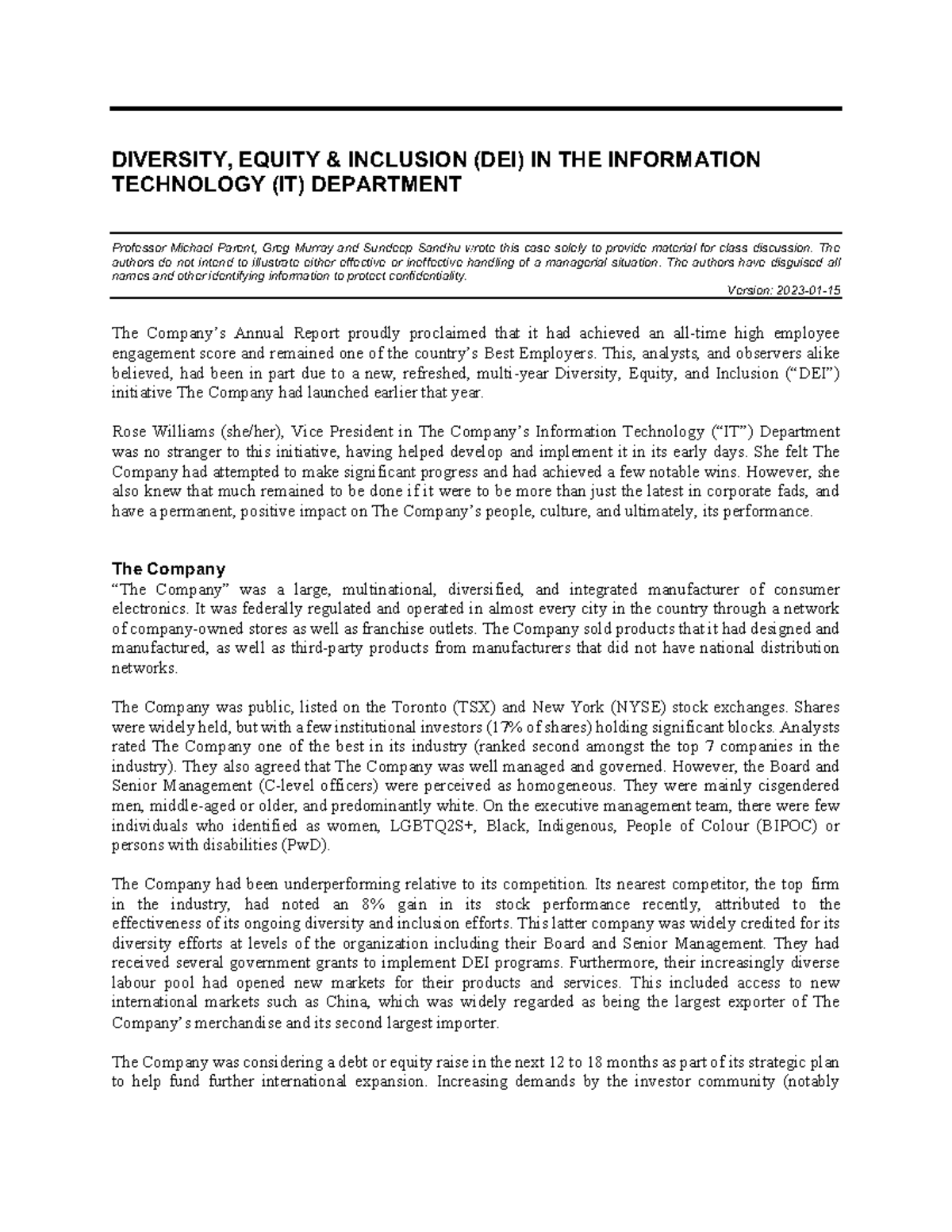 Case Study: DEI in IT Department for ITM 735 Final Assignment - Studocu