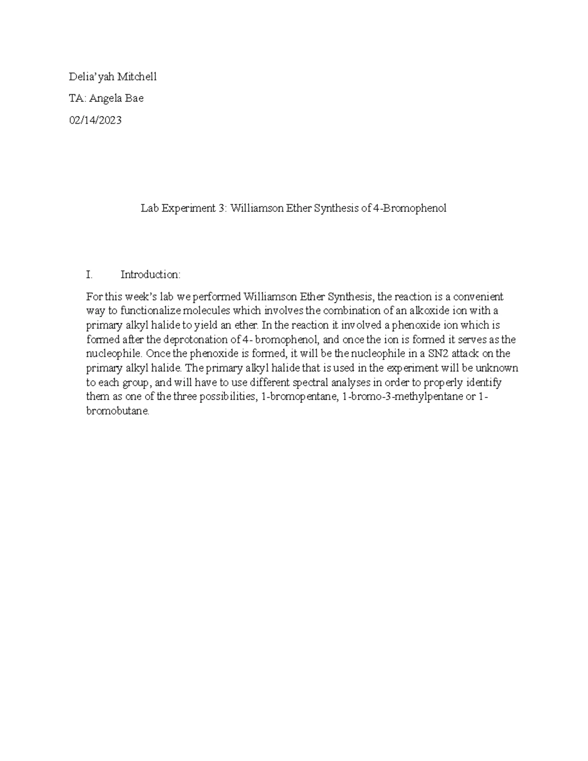 CHEM 2211L Final Experiment: Williamson Ether Synthesis of 4 ...