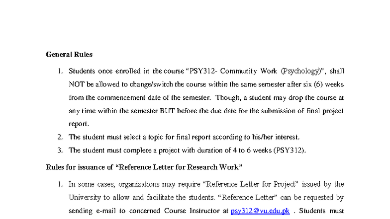 Rules and Regulations for PSY312: Community Work Guidelines - Studocu
