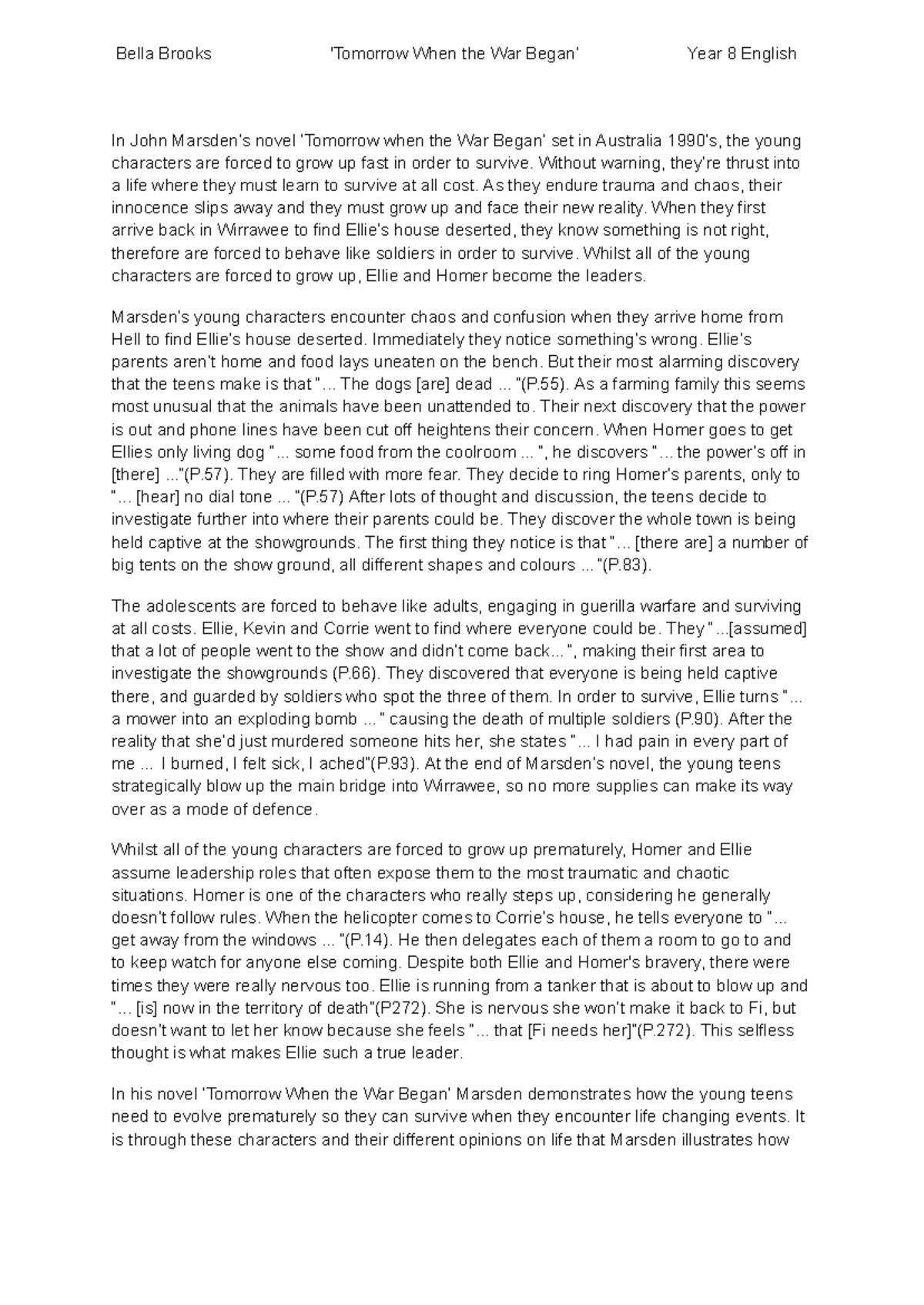 Tomorrow When the War Began Essay - Year 8 English Analysis - Studocu