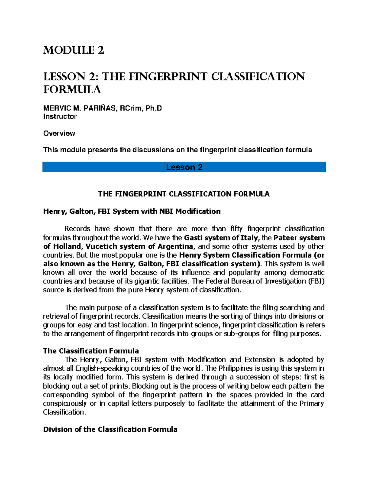 Forensic 2 Module 2 Lesson 2: Understanding Fingerprint Classification ...