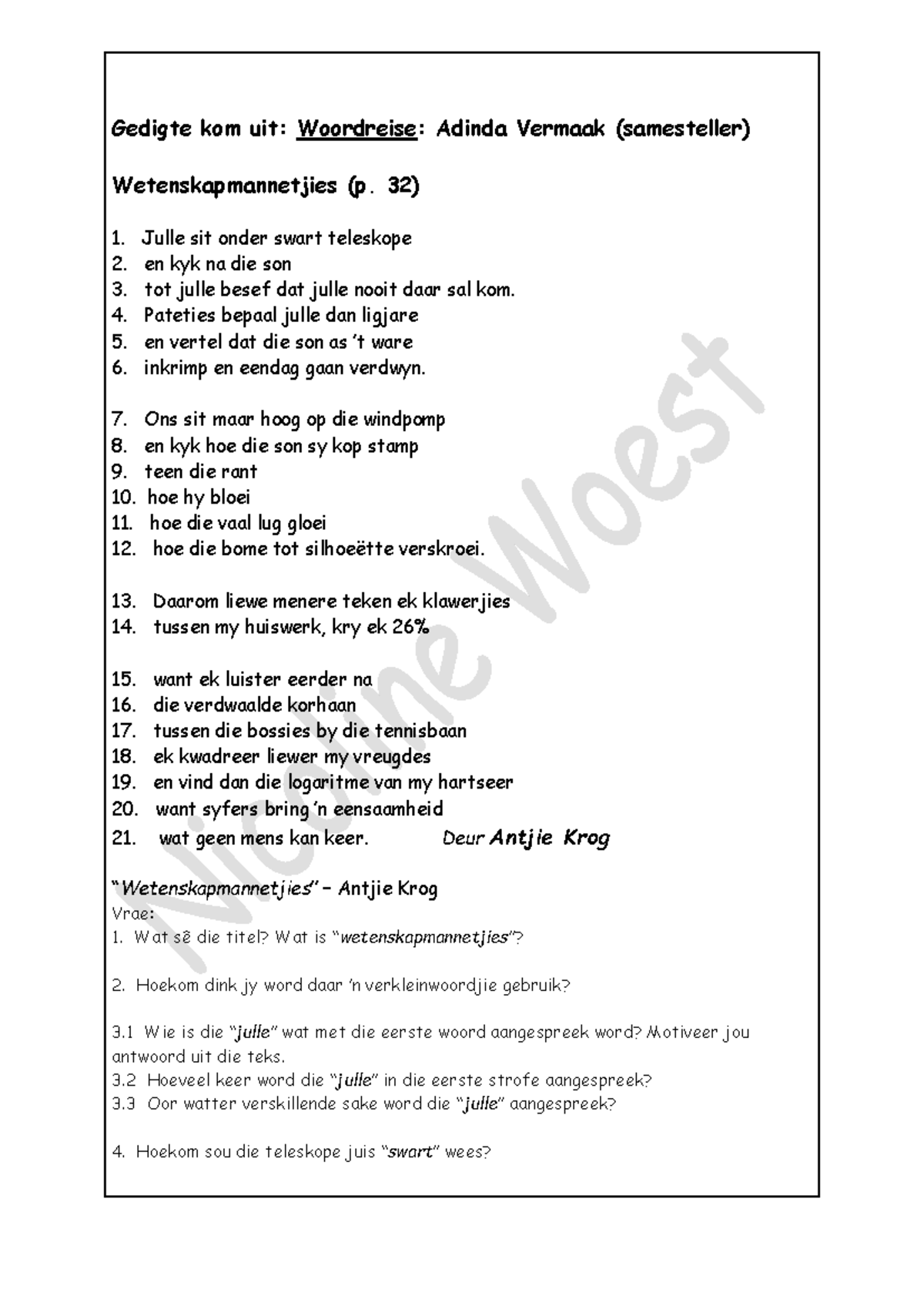 2020 Gr9 T1 Gedigte: Vraag & Antwoord oor "Wetenskapmannetjies" - Studocu