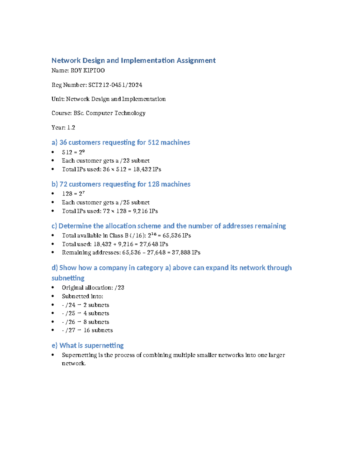 Network Design Assignment: Subnetting & Supernetting Analysis - BSc CT ...
