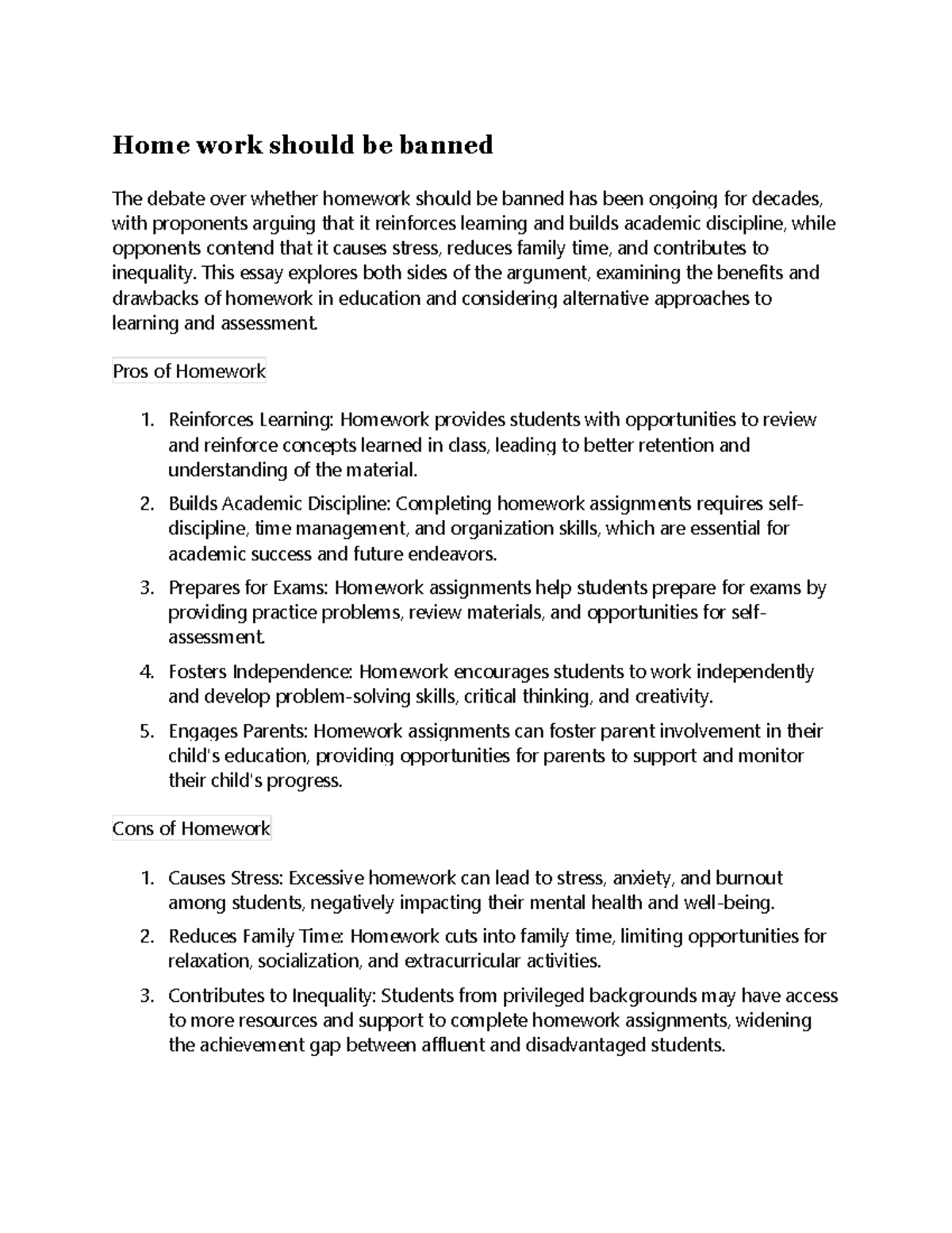 Debate Essay: Should Homework Be Banned? Examining Both Sides - Studocu