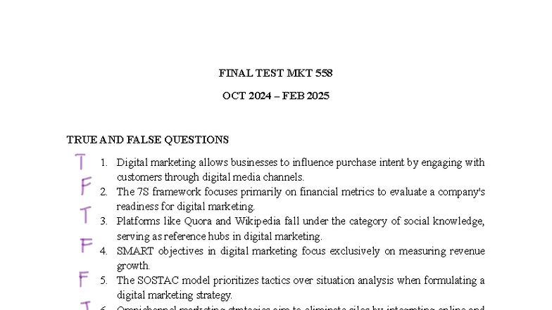 FINAL TEST MKT 558 OCT 2024 TRUE/FALSE & MCQ QUESTIONS - Studocu