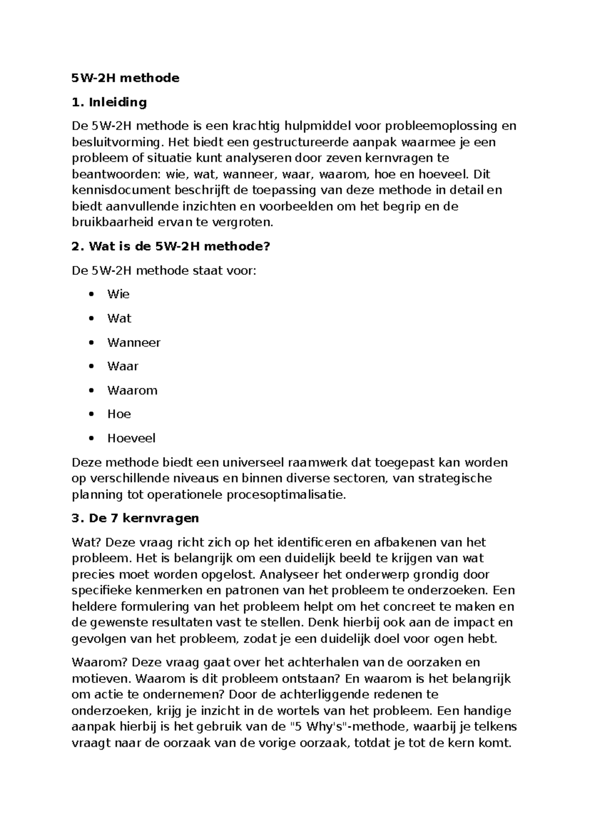 Kennisdocument 5W-2H Methode voor Probleemoplossing en Besluitvorming ...