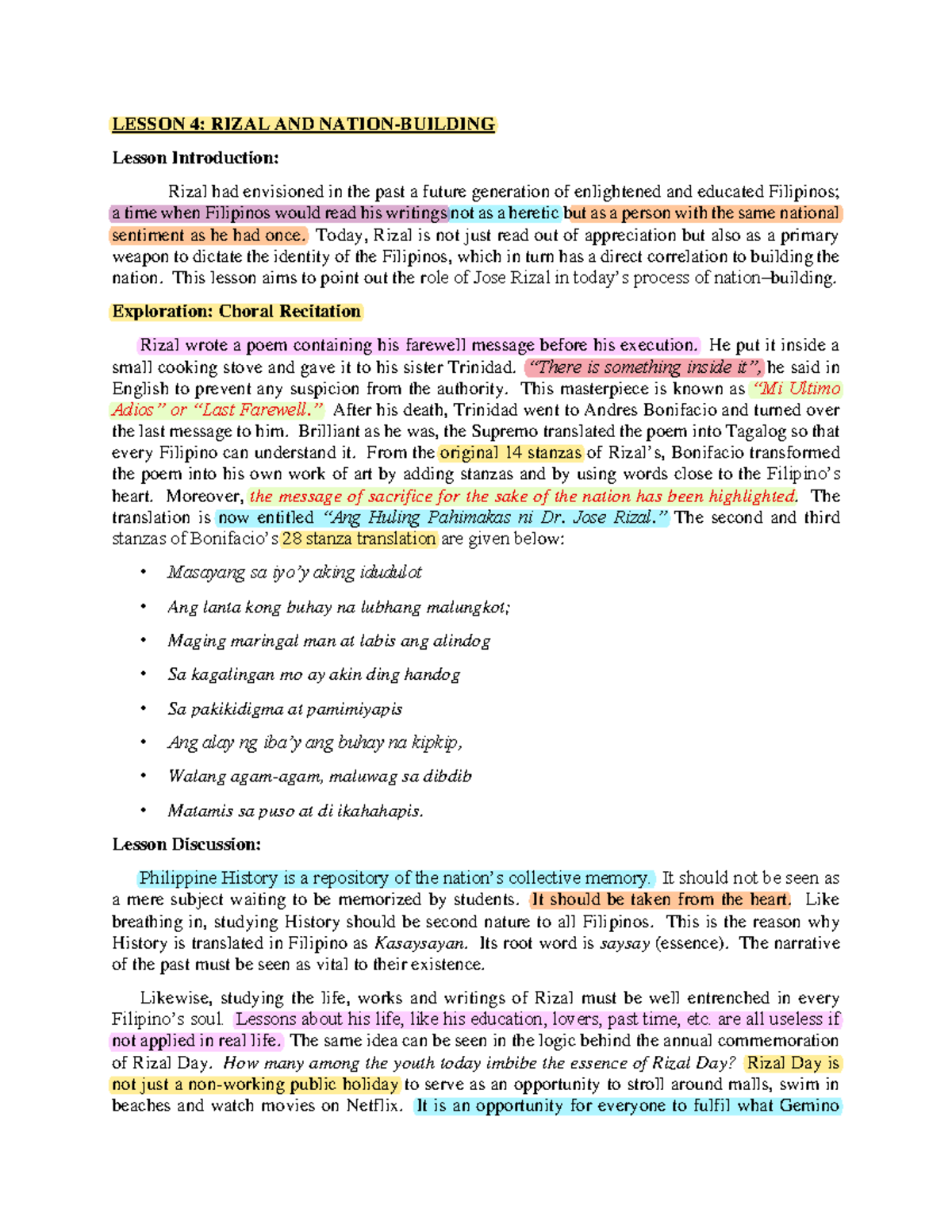 Lesson 4: Rizal's Legacy in Nation-Building and Filipino Identity - Studocu