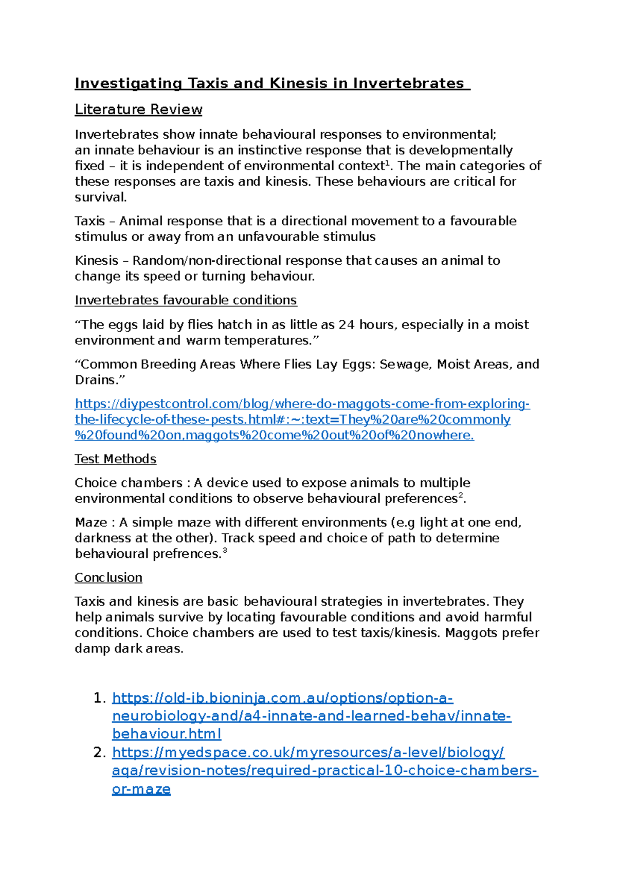 Invertebrate Behavior: Taxis and Kinesis in Maggot Experiment - Studocu