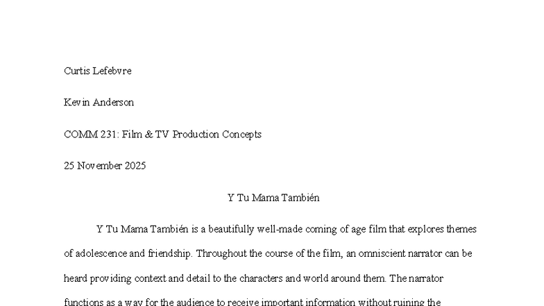 COMM 231: Response Paper 3 - Y Tu Mama También Analysis - Studocu