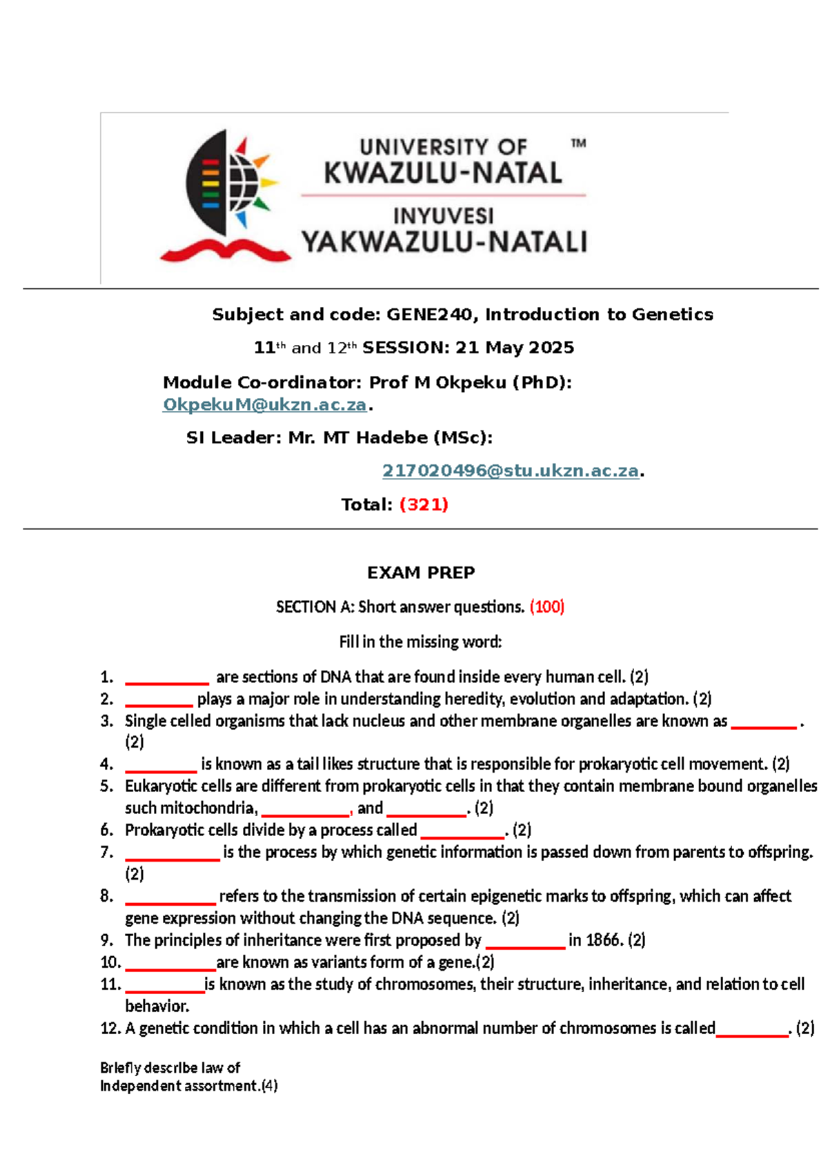 GENE240 Final Exam Prep: Genetics Short Answer & MCQ Review - Studocu