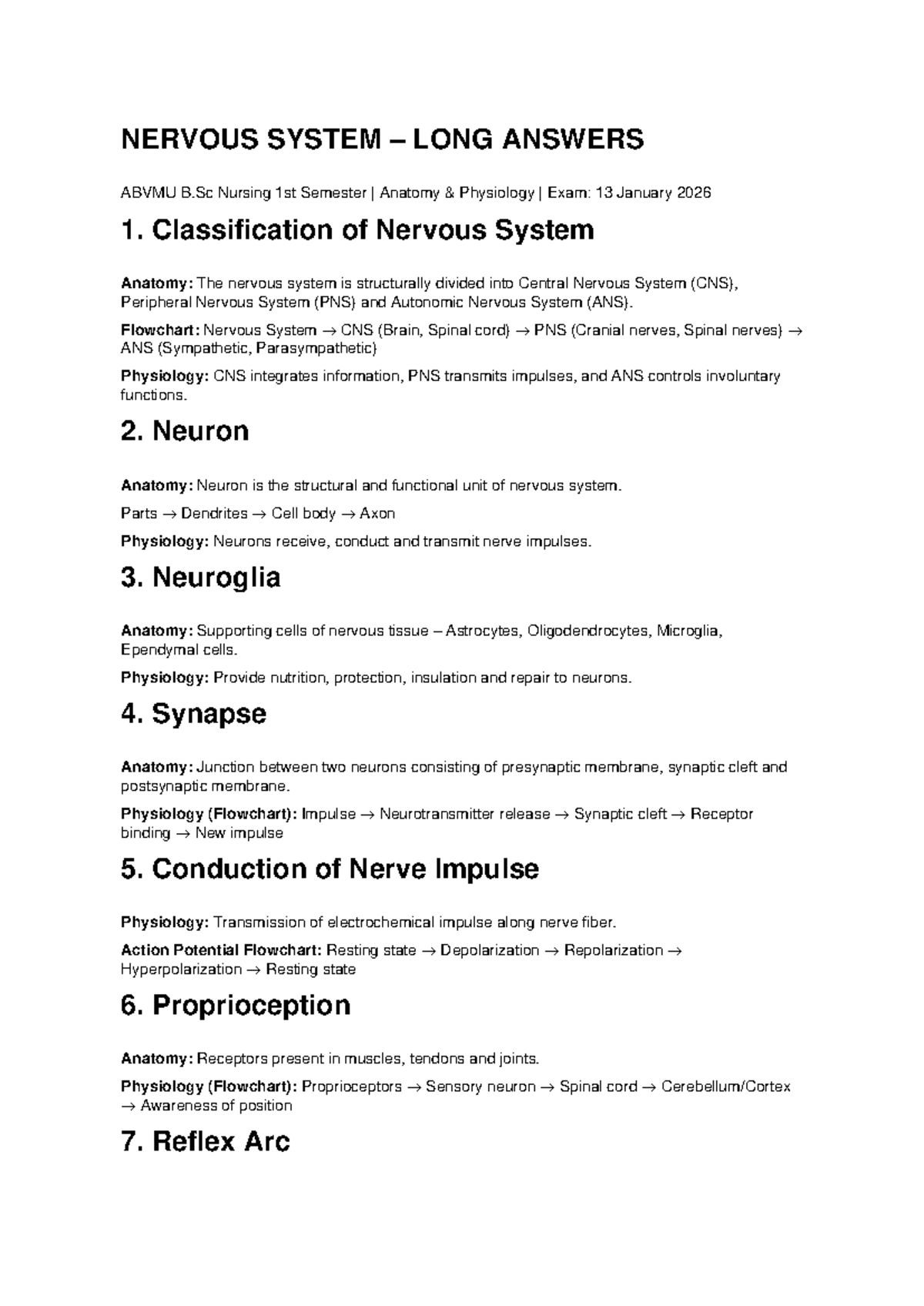 ABVMU B.Sc Nursing Nervous System Long Answers - Anatomy & Physiology ...