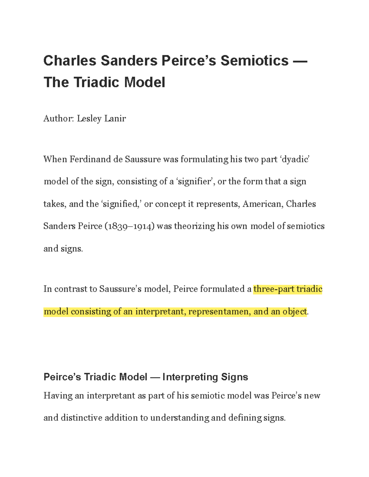 Charles Sanders Peirce’s Semiotics — The Triadic Model - Charles ...