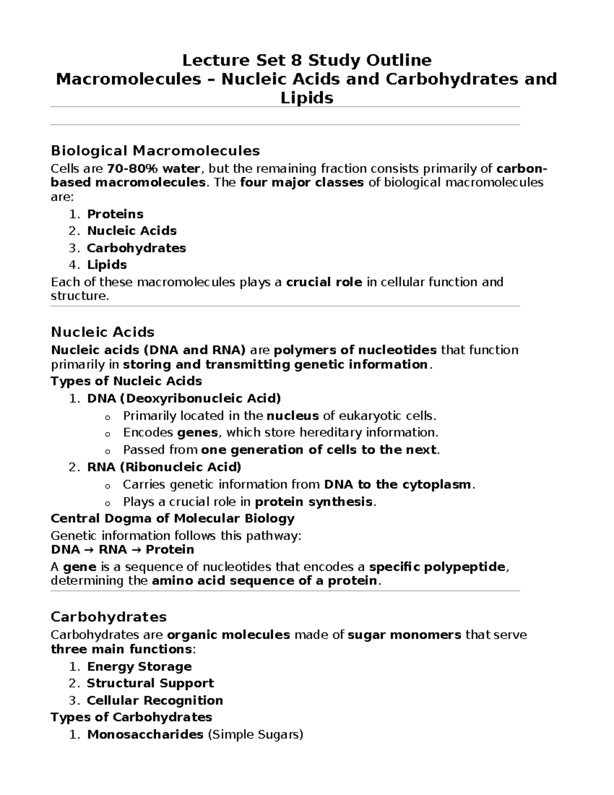 Lecture Set 8: Study Outline on Biological Macromolecules - Studocu