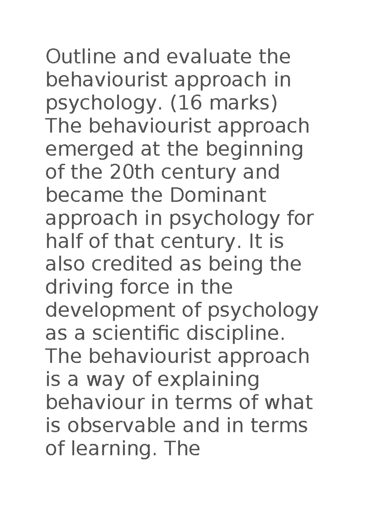 Psychology 101: Behaviourist Approach Overview & Evaluation - Studocu