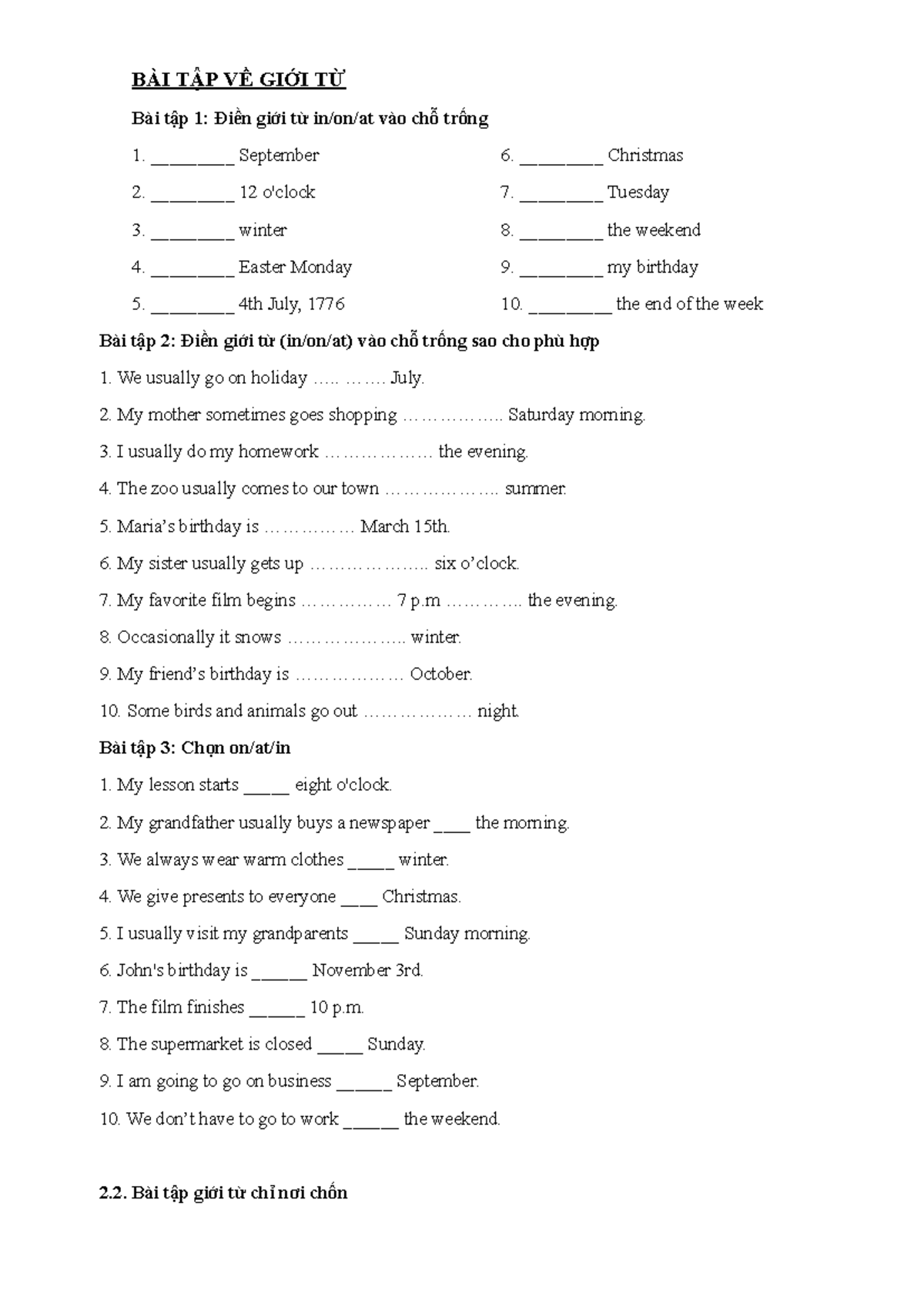 BÀI TẬP VỀ GIỚI TỪ - Exercises on Prepositions - Studocu