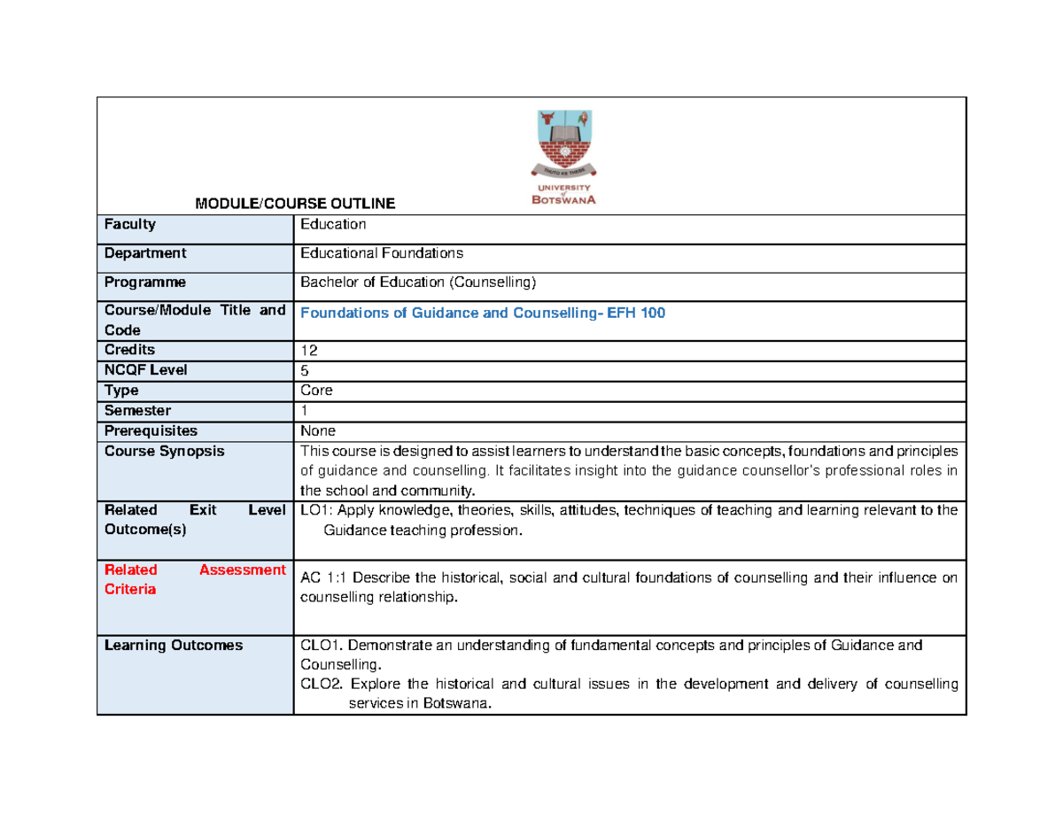 EFH100 Foundations of Guidance and Counselling Course Outline 2024 ...