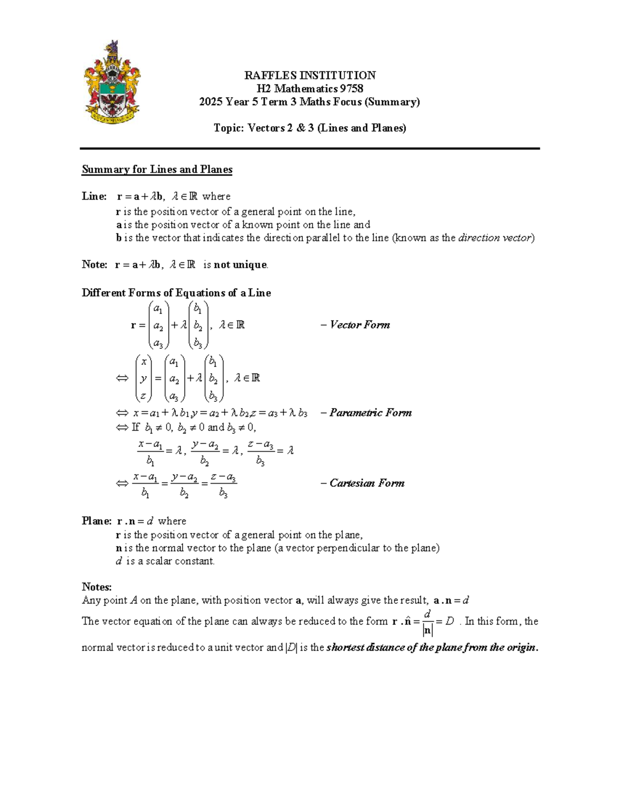 T3W9 Summary of Vectors 2 & 3: Lines and Planes Concepts - Studocu