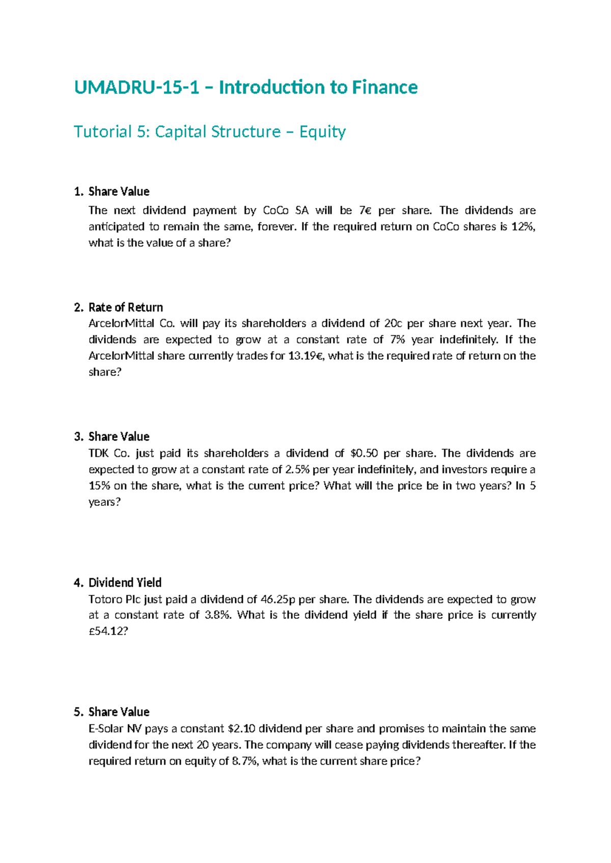Equity tutorial - kscb - UMADRU-15-1 – Introduction to Finance Tutorial ...