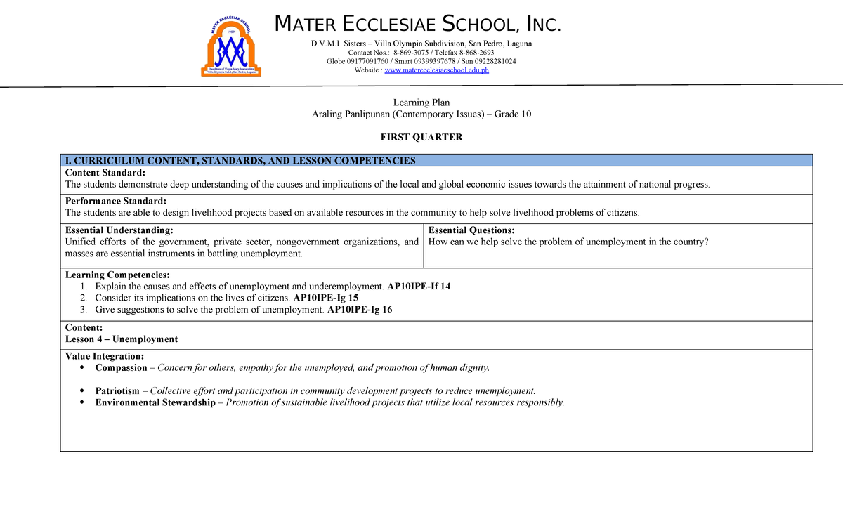 AP10 Learning Plan: Lesson 4 on Unemployment - 1st Quarter - Studocu