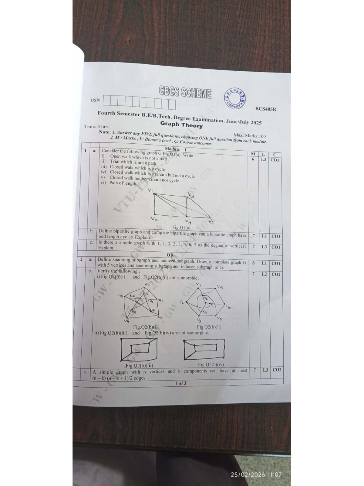 Previous Year Question Paper: Graph Theory (BCS405B) - Fourth Semester ...