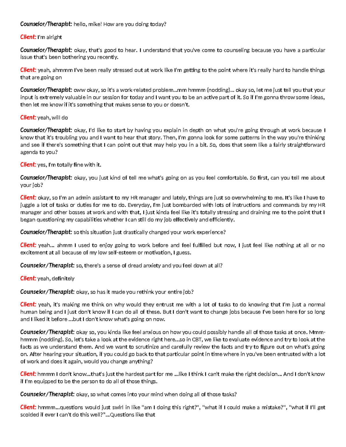 CBT Role-Play Demo Script for Counseling Session - Studocu